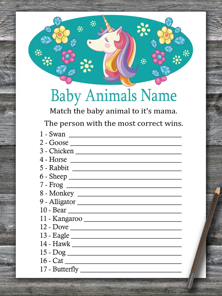 Rainbow Unicorn Baby animals name game card,Unicorn Baby shower games ...