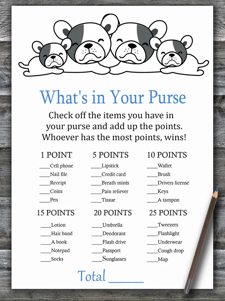 Bulldog What's in your purse game,Dog Baby shower games printable,Fun ...