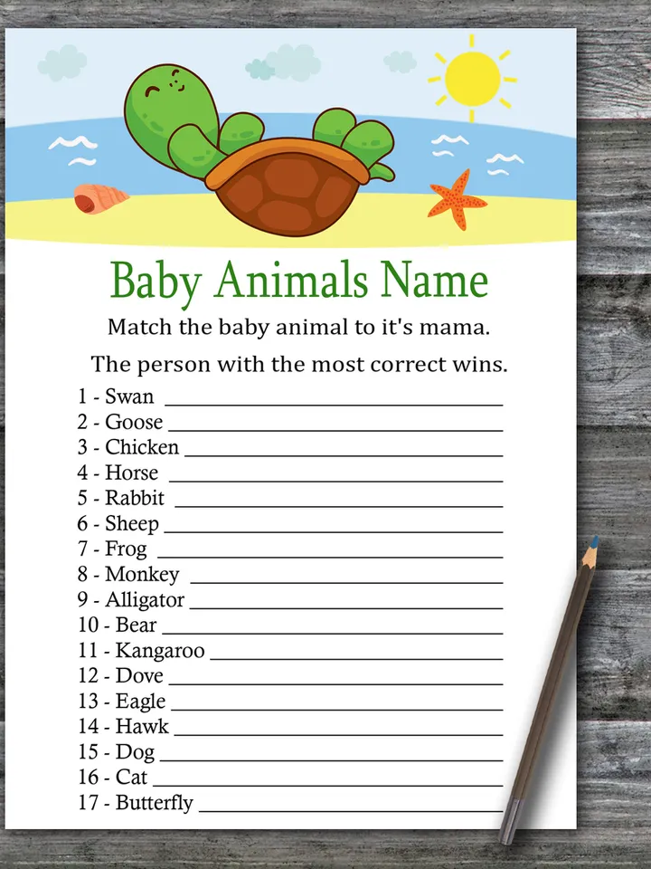 Sea Turtle Baby animals name game card,Turtle Baby shower games ...