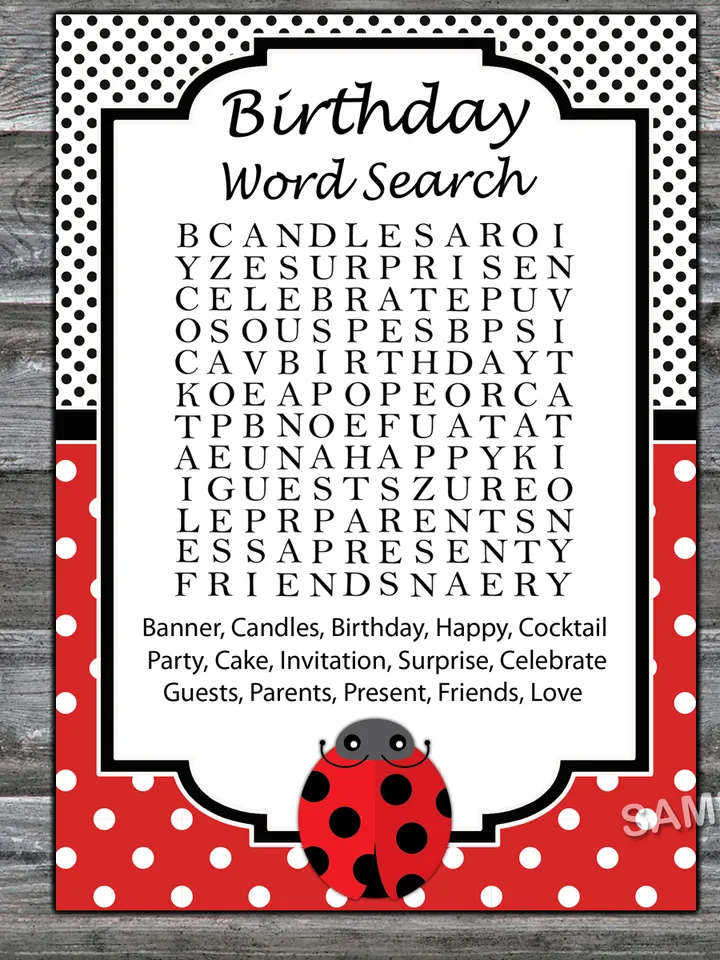 Ladybug Birthday Word Search Game,Adult Birthday party game-fun games ...