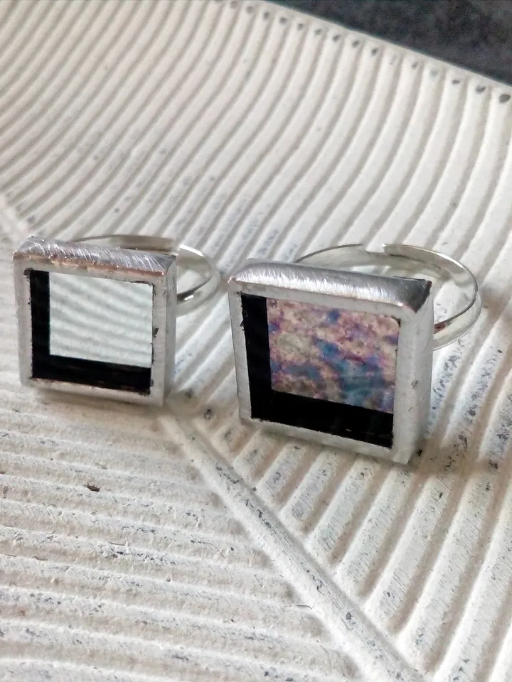 Mirror ring, squar ring, simple stained glass, tin soldered glass ring ...
