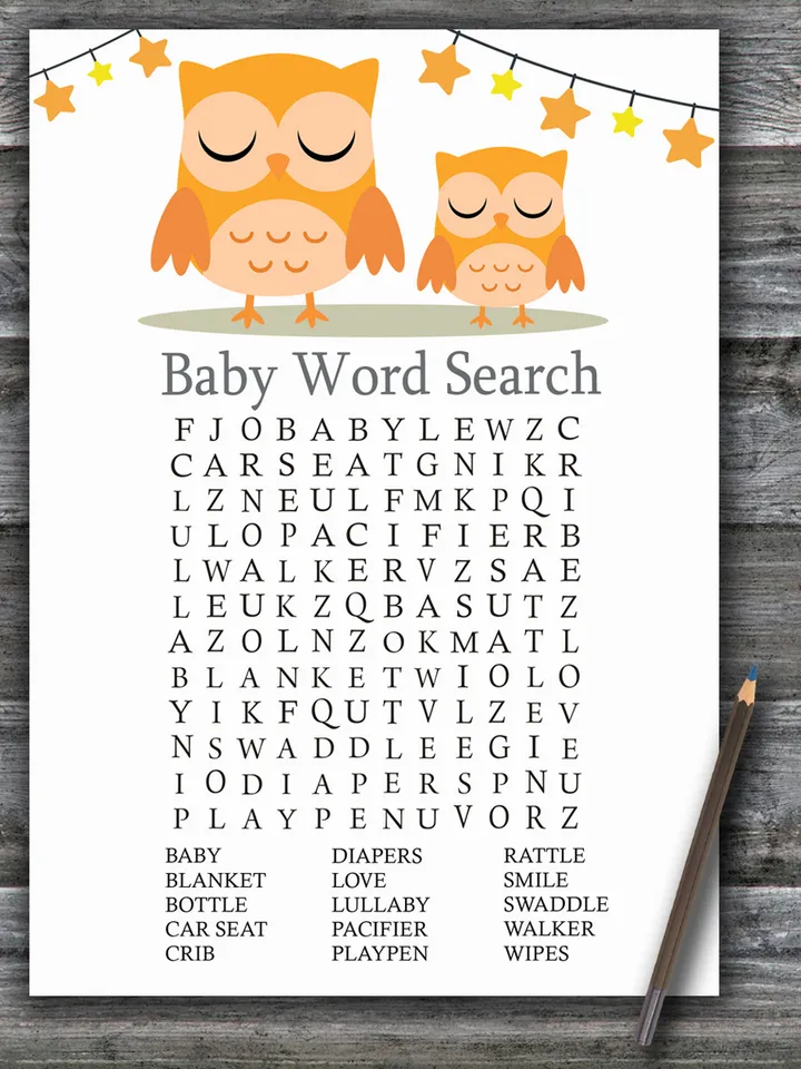 Sleeping Owl Baby shower word search game card,Owl Baby shower games ...
