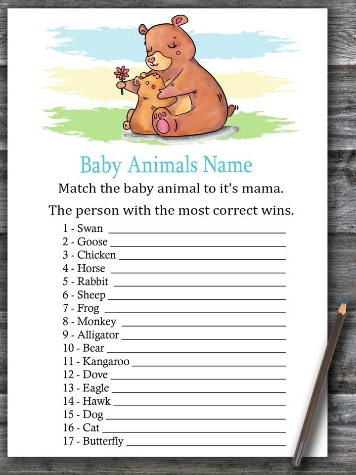 Bear Baby animals name game card,Woodland Baby shower games printable ...