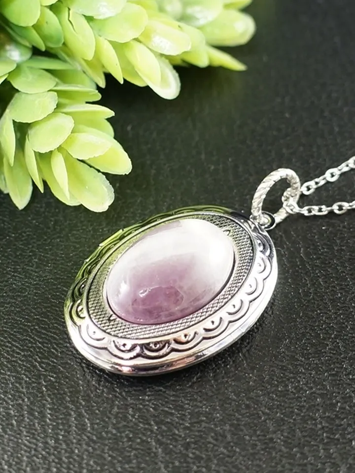 Amethyst Silver Locket Purple Lilac Stone Keepsake Pendant Necklace ...