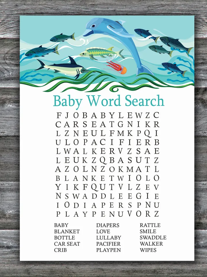 Dolphin Baby shower word search game card,Dolphin Baby shower games ...