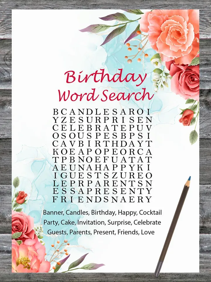 Roses Birthday Word Search Game,Adult Birthday party game-fun games for ...