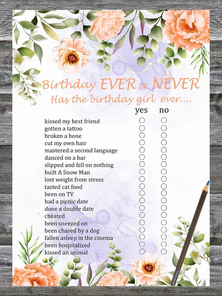 Pastel Flowers Birthday ever or never game,Adult Birthday party game ...
