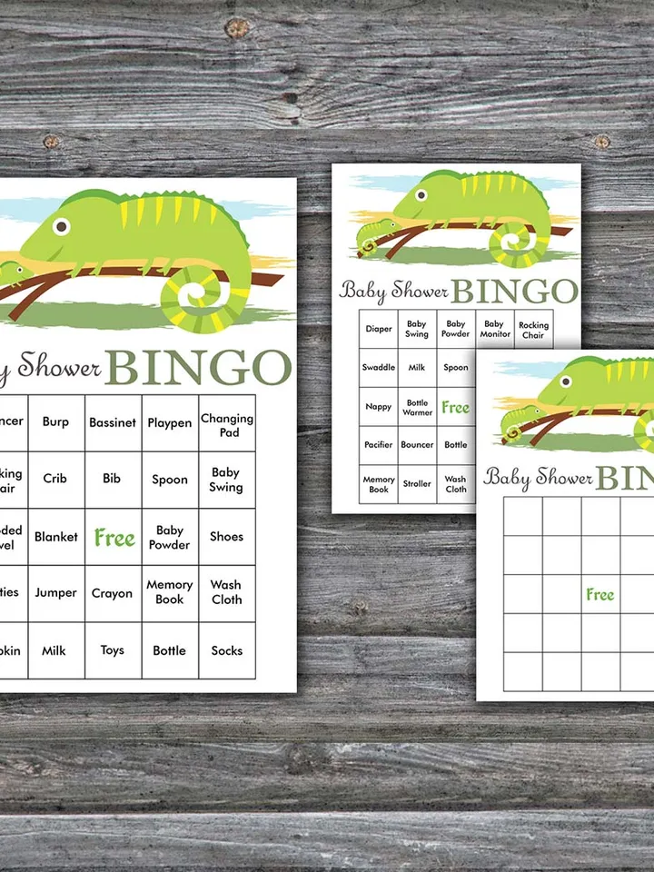 60 Chameleon Baby Shower Bingo Cards,Jungle Baby Shower Bingo Games ...