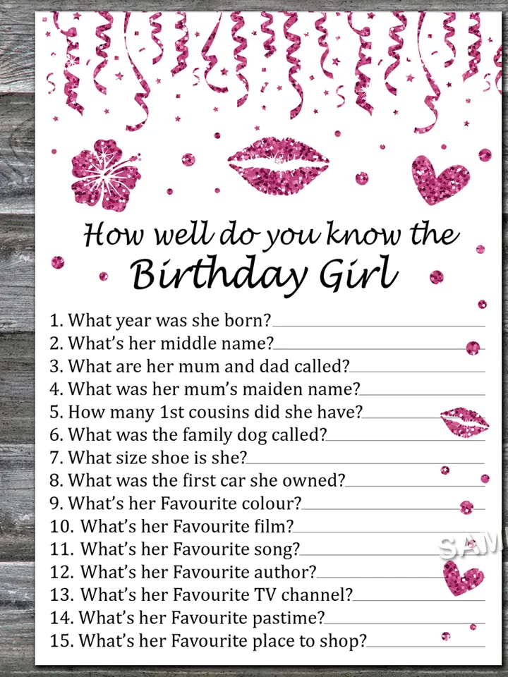 Pink glitter How well do you know the birthday girl,Adult Birthday ...