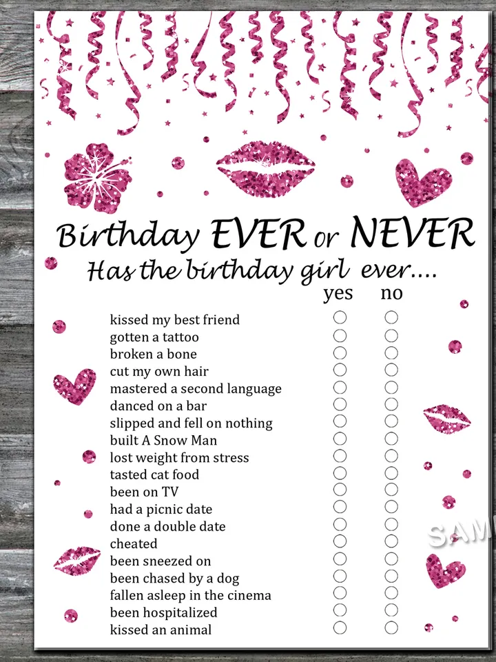 Pink glitter Birthday ever or never game,Adult Birthday party game-fun ...