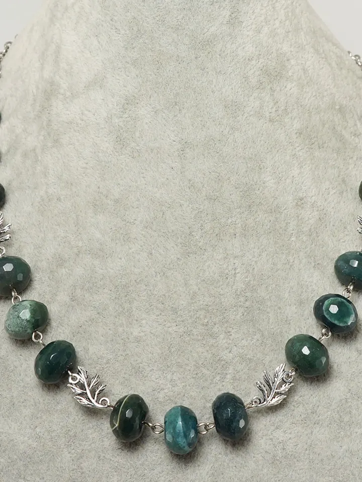 Dark Green Jasper Beaded Necklace Silver Leaf Forest Green Boho ...