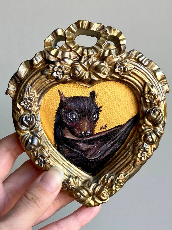 Cute Bat Painting Original Gold Frame Heart Shaped Art Original Oil ...