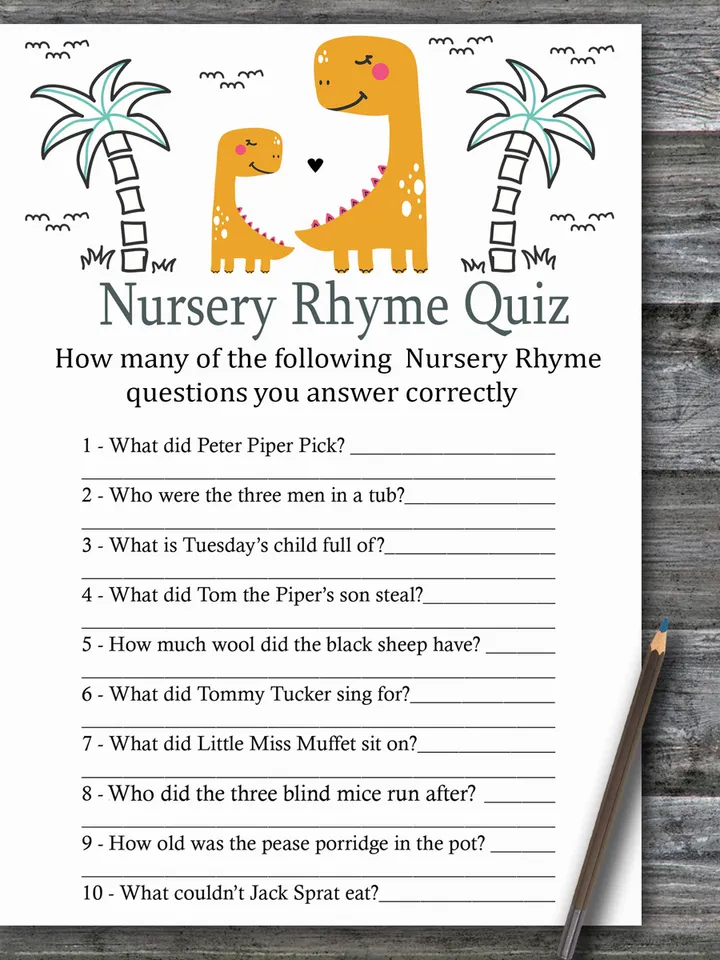 Orange Dinosaur Nursery rhyme quiz baby shower game card,Dinosaur Baby ...