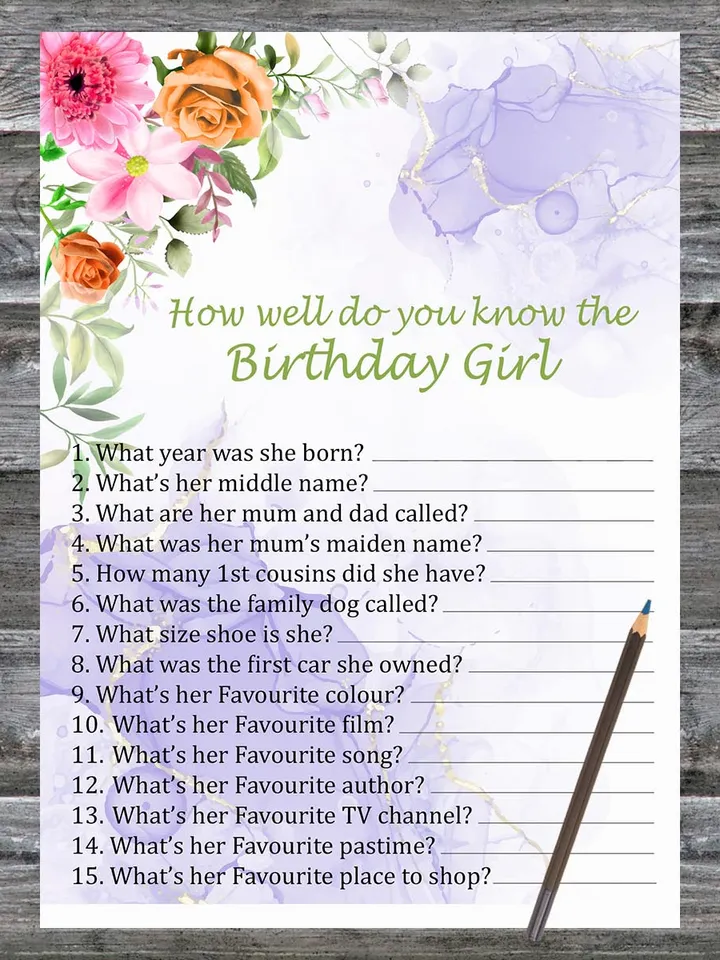 Pink Flowers Birthday Game How well do you know the birthday girl,Adult ...