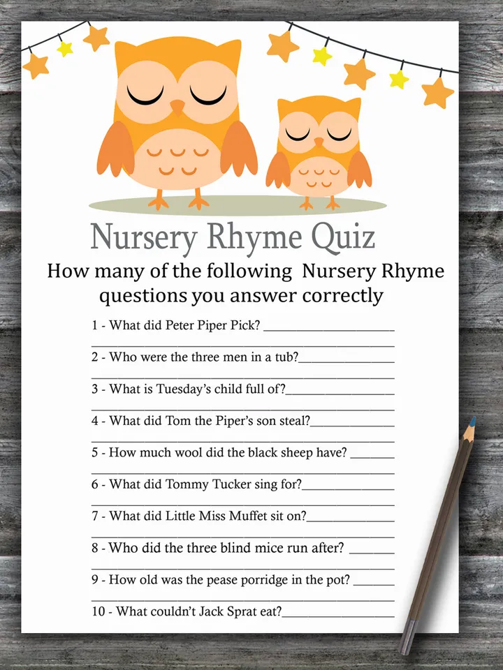 Sleeping Owl Nursery rhyme quiz baby shower game card,Owl Baby shower ...