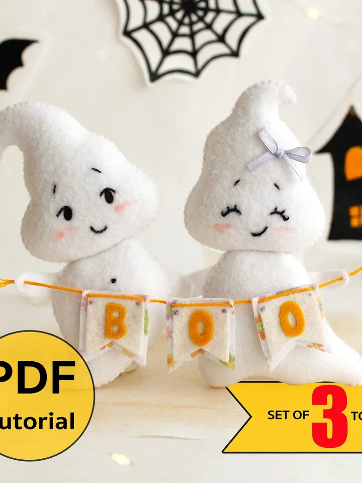 Felt ghosts boy and girl with BOO garland hand sewing PDF tutorial with ...