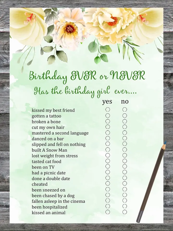 Floral Birthday ever or never game,Adult Birthday party game-fun games ...