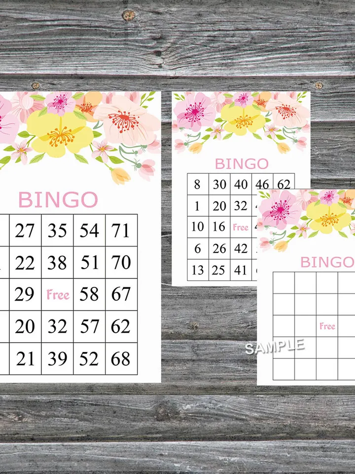 Pink and yellow Flowers bingo game card,Floral bingo game card,Floral ...