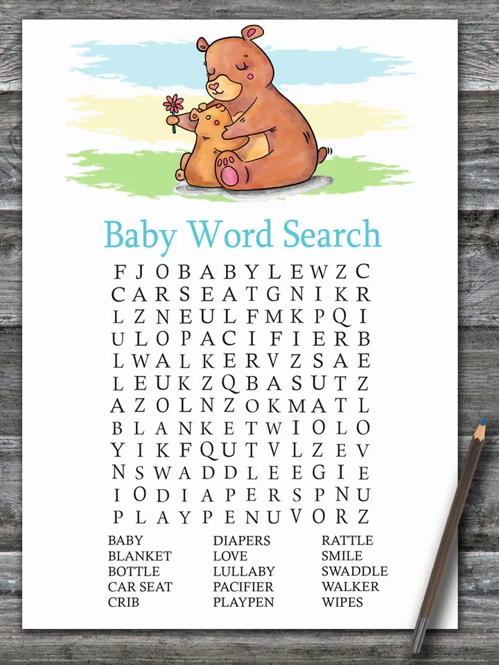 Bear Baby shower word search game card,Woodland Baby shower games ...