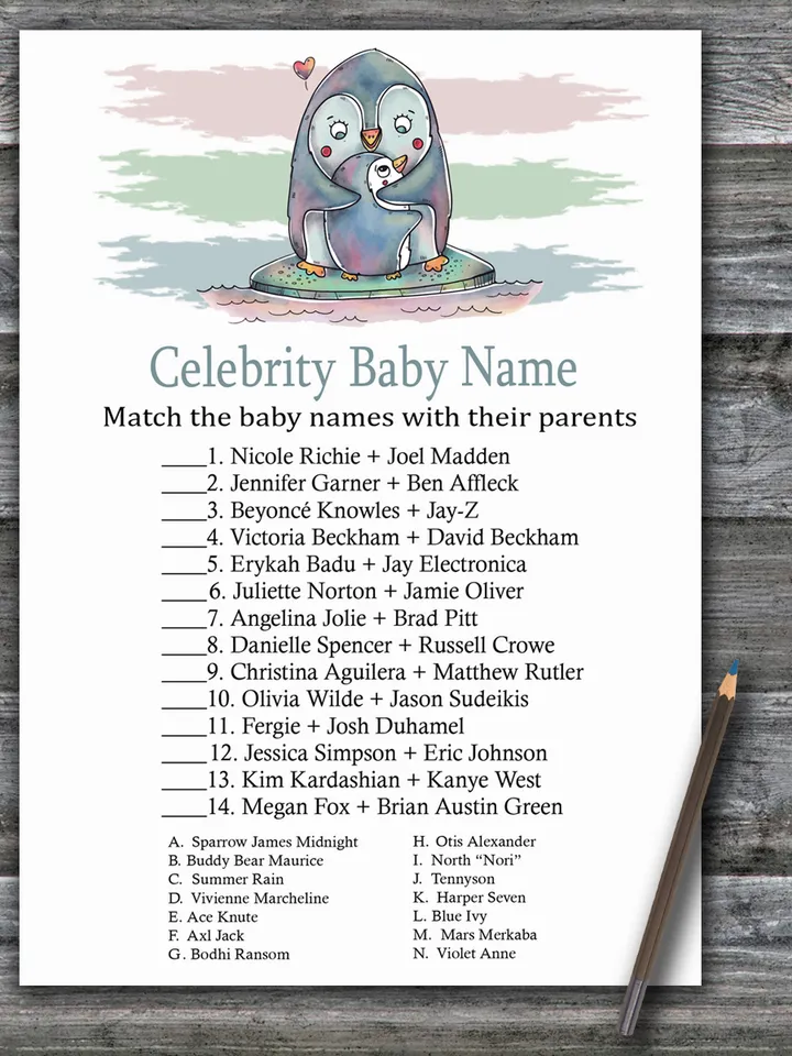 Penguin Celebrity baby name game card,Winter animals Baby shower games ...