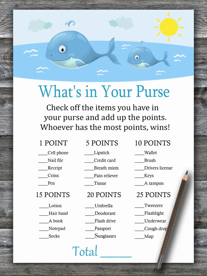 Under the sea What's in your purse game,Whale Baby shower games ...