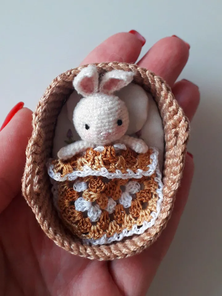 Miniature bunny in basket. crochet mini bunny. miniature toy in bed ...