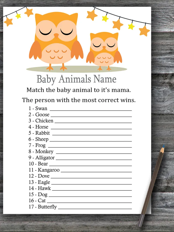 Sleeping Owl Baby animals name game card,Owl Baby shower games ...