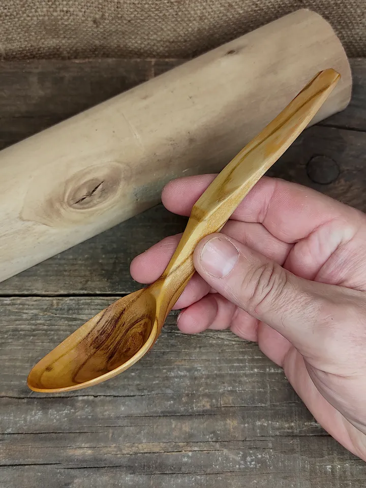 Handmade wooden spoon from peach wood with comfortable handle, eating ...