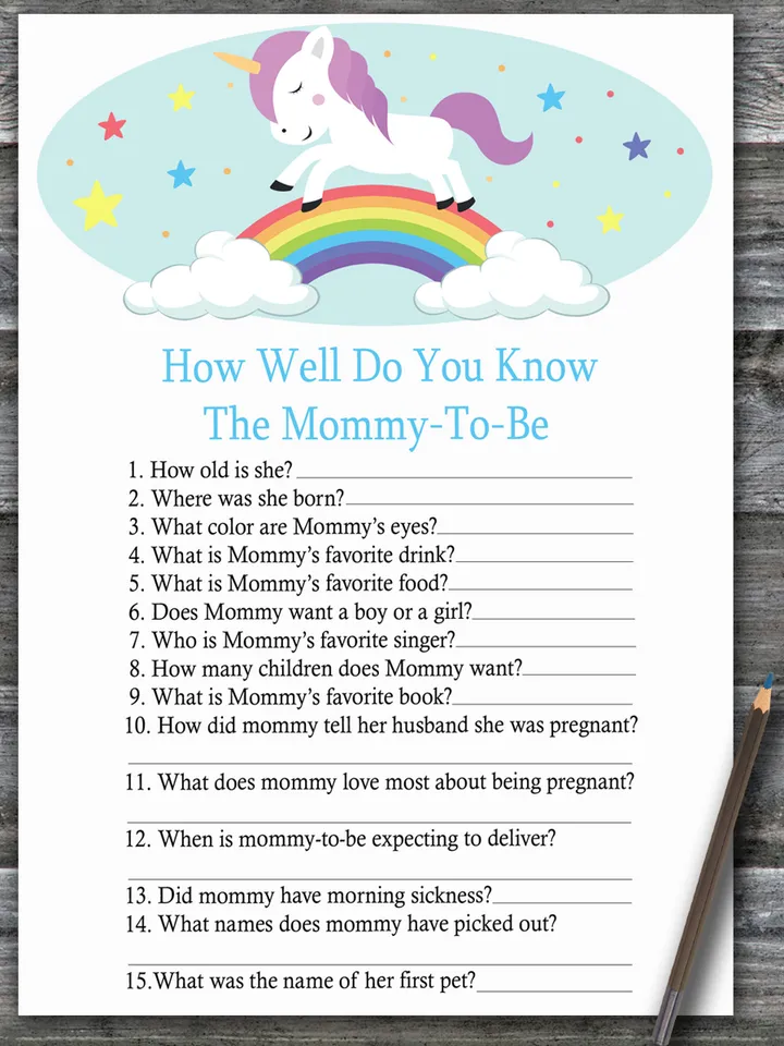 Unicorn How well do you know baby shower game card,Rainbow Baby shower ...