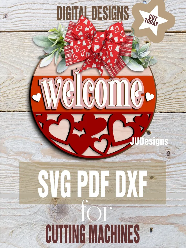 Valentine's Day Welcome Sign SVG, Hearts Door Hanger SVG, Love Wood ...