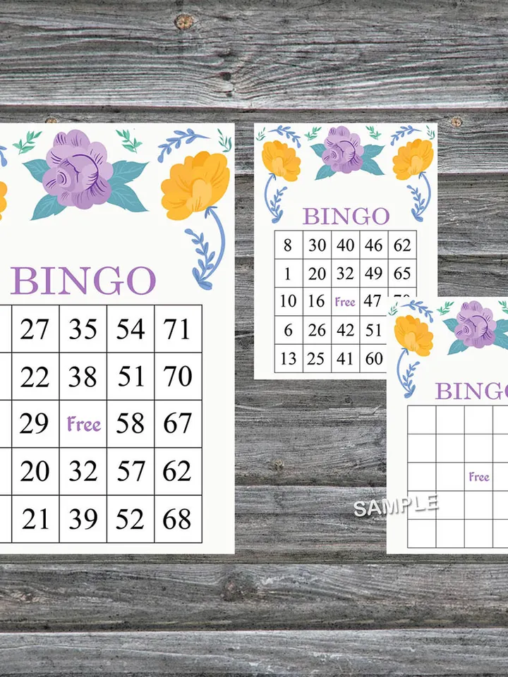 Orange Purple flowers bingo game card,Floral bingo game card,Floral ...
