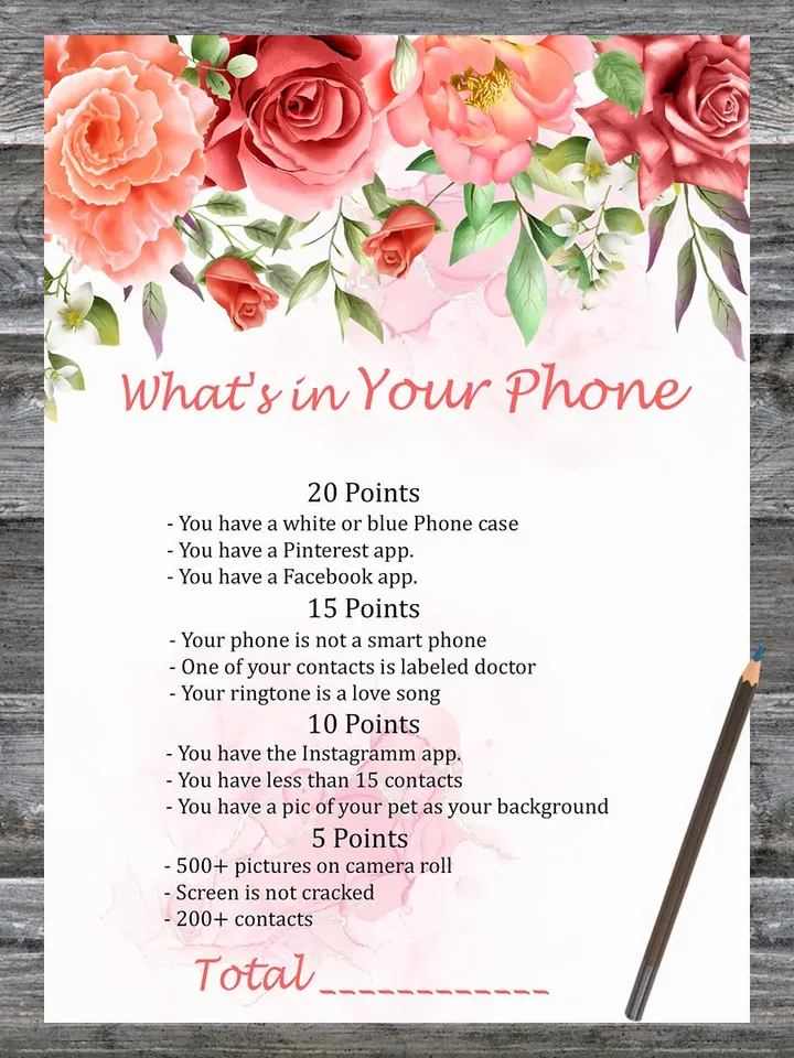 Red Rose Birthday Game What's in Your Phone Birthday Party Game,Adult ...
