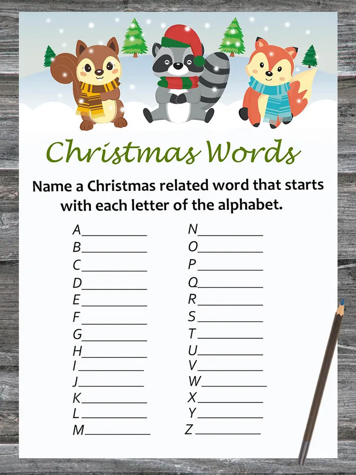 Christmas party games,Christmas Word A-Z Game Printable,Woodland Winter ...