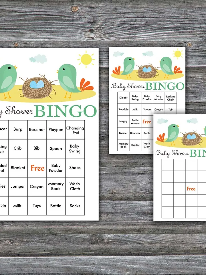 Birds and nest Baby Shower Bingo Cards,Woodland Baby Shower Bingo Games ...