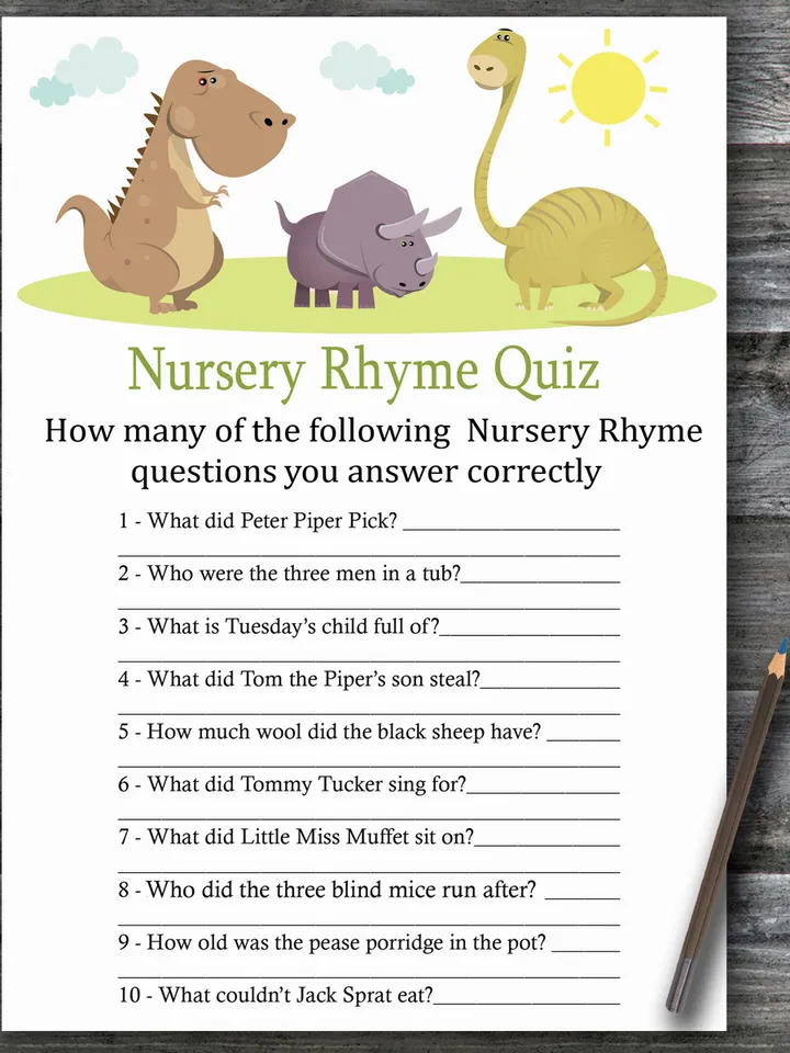 Dinosaur Nursery rhyme quiz baby shower game card,Dinosaur Baby shower ...