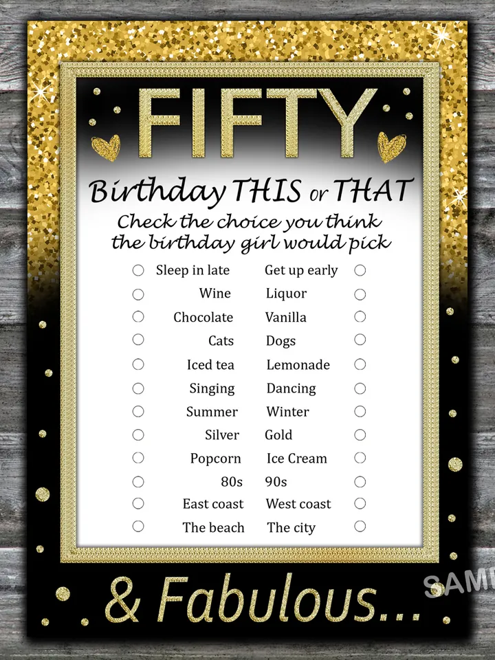 Fifty Birthday This or that game,Adult Birthday party game-fun games ...