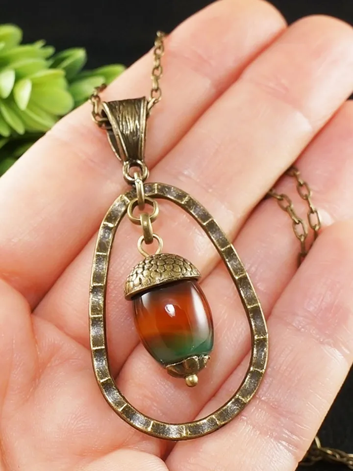 Fire Red Orange Green Agate Acorn Forest Woodland Pendant Necklace ...