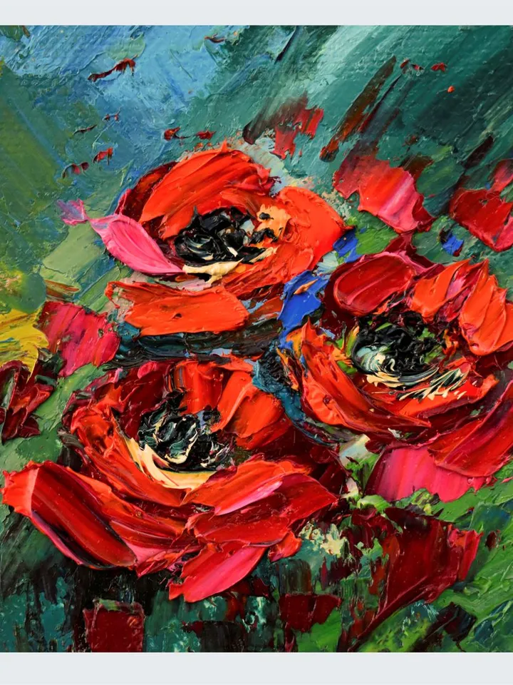 Red Flowers Original Art Poppies painting Small artwork 4 by 4 in Red ...