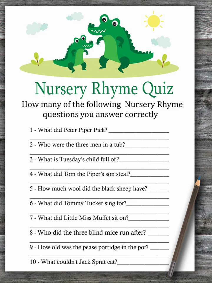 Alligator Nursery rhyme quiz baby shower game card,Alligator Baby ...