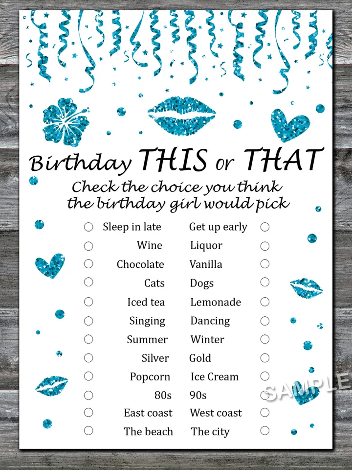 Blue glitter Birthday This or that game,Adult Birthday party game-fun ...