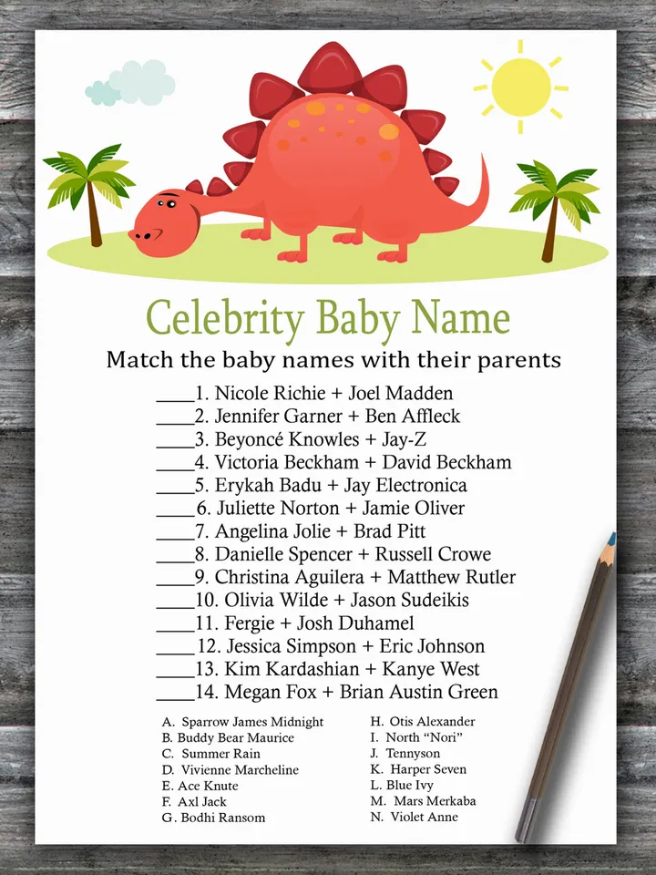 Red Dinosaur Celebrity baby name game card,Dinosaur Baby shower games ...
