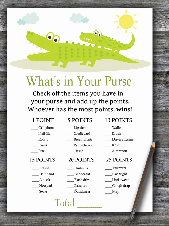 Alligator What's in your purse game,Jungle Baby shower games printable ...