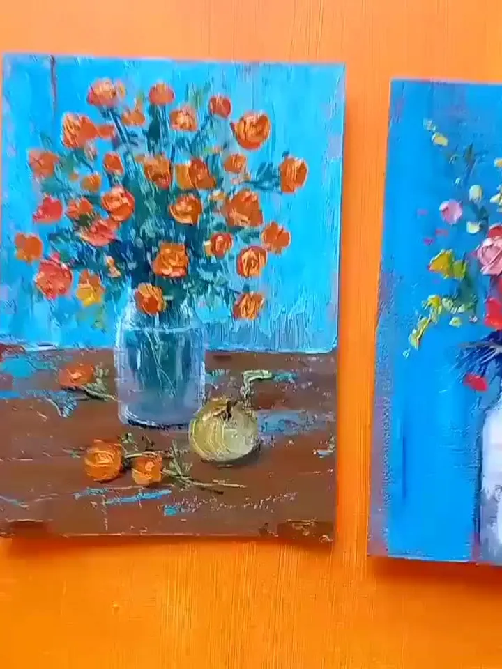 Original handmade Diptych paintings bright flowers in a vase still ...