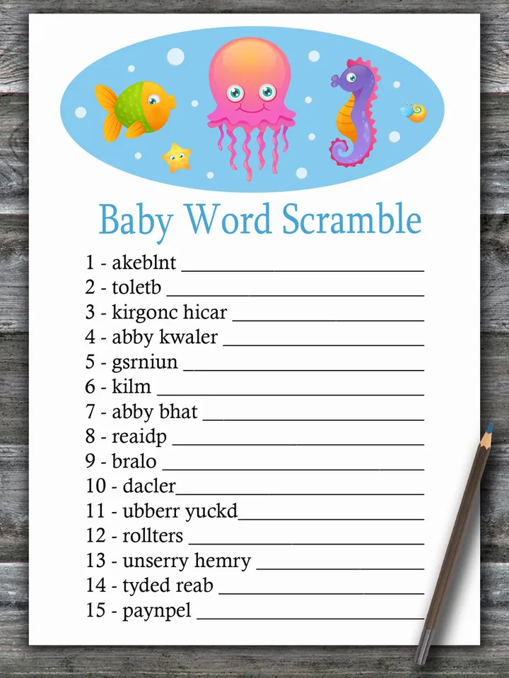 Jellyfish Baby word scramble game card,Under the sea Baby shower games ...