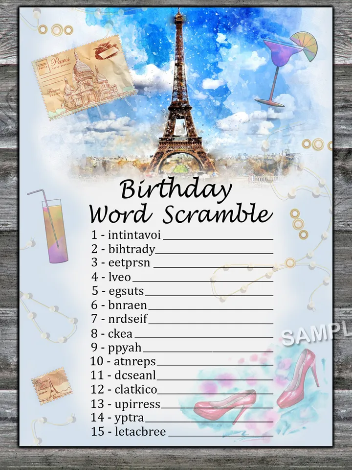 Paris themed Birthday Word Scramble Game,Adult Birthday party game-fun ...