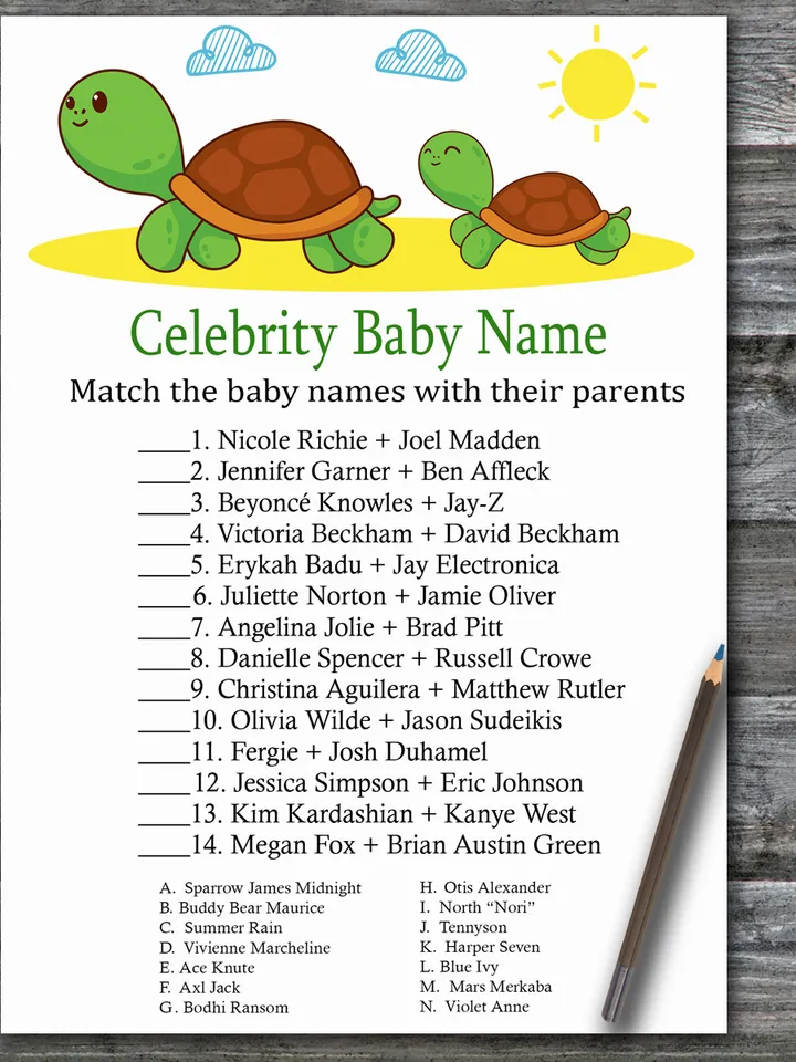 Cute Turtle Celebrity baby name game card,Turtle Baby shower games ...