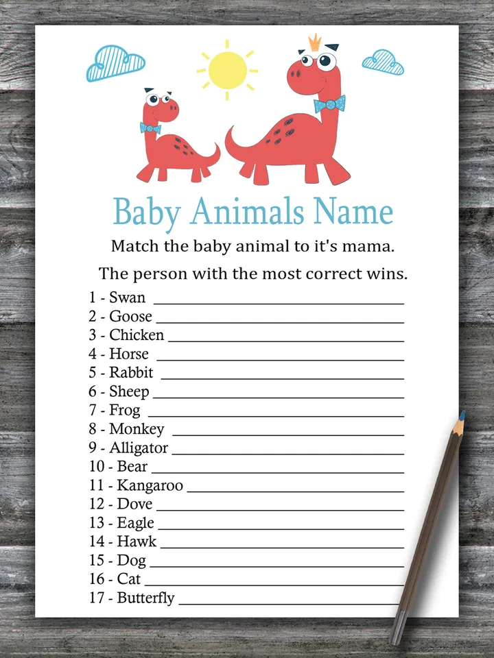Red Dinosaur Baby animals name game card,Dinosaur Baby shower games ...