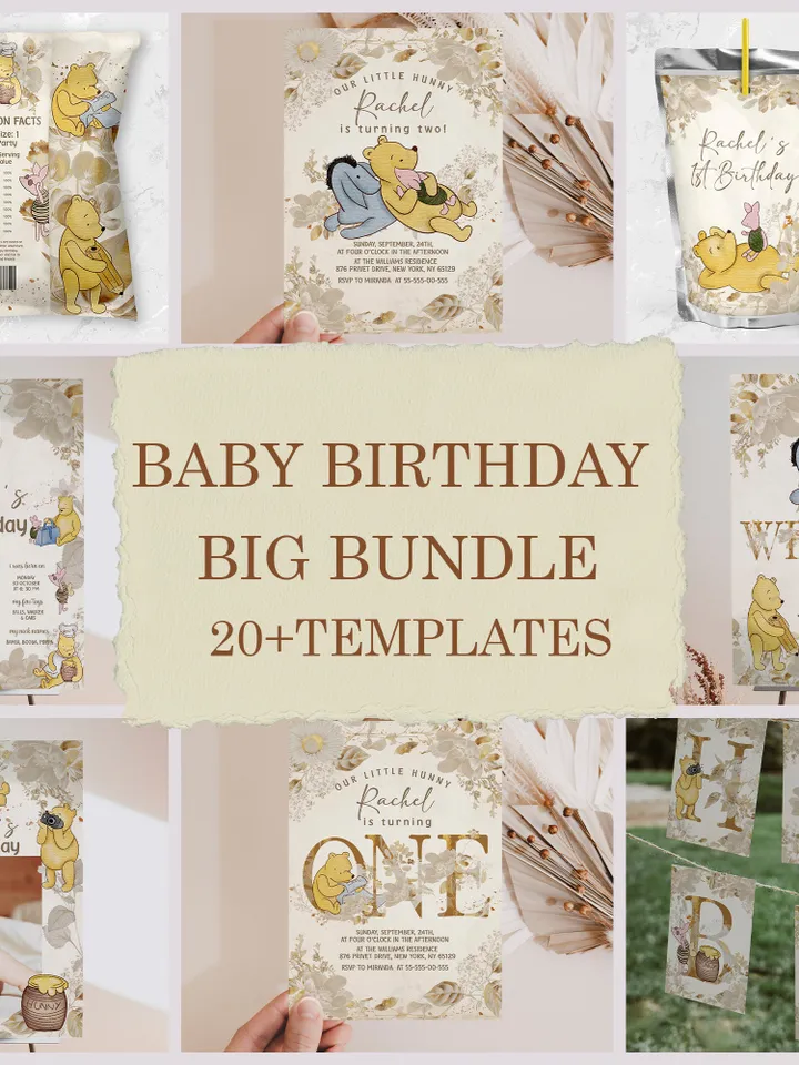 DIY Winnie Pooh Birthday Bundle; Editable 1st Birthday Party Template ...