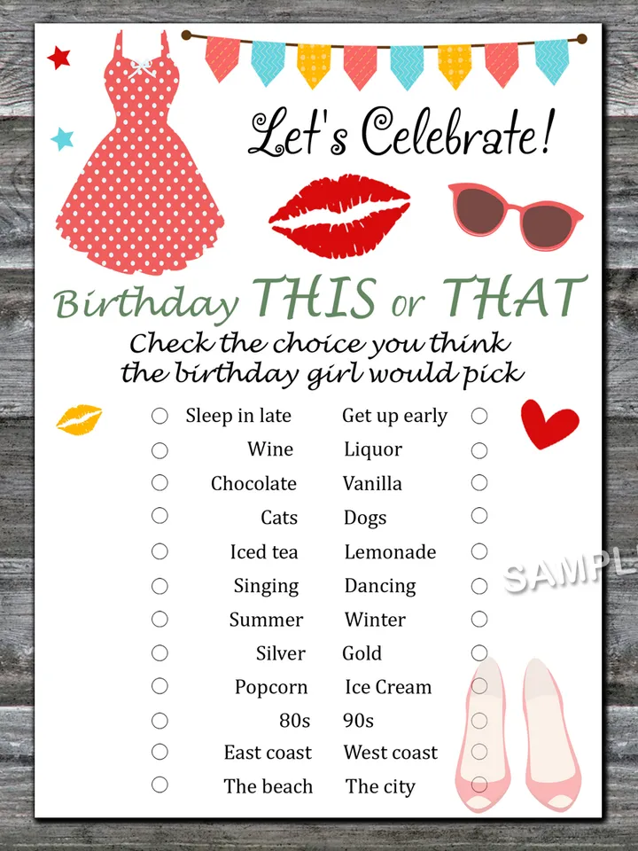 Ladies theme Birthday This or that game,Adult Birthday party game-fun ...