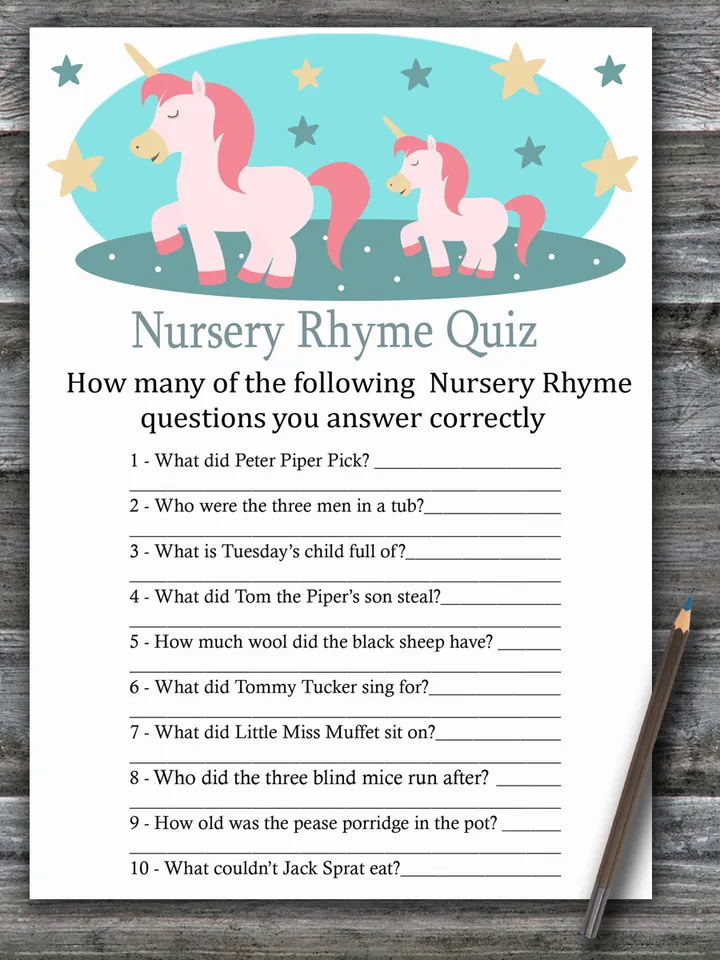 Rainbow Unicorn Nursery rhyme quiz baby shower game card,Unicorn Baby ...